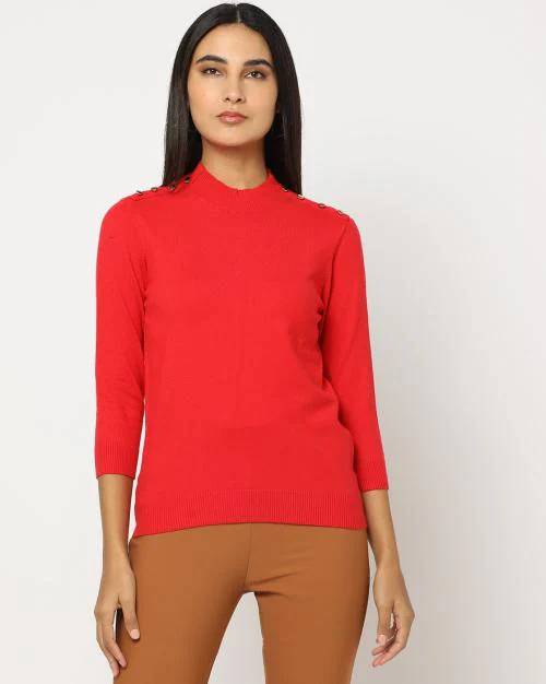Buy Flat-Knit Pullover with Button Accent Online at Best Prices in ...