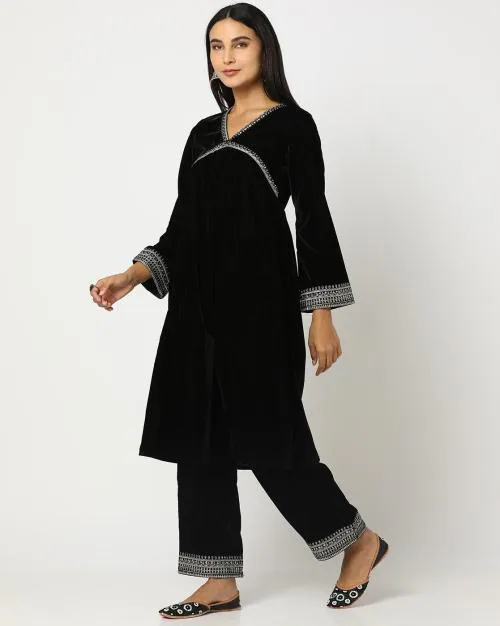 Buy Ornate Embroidered Velvet Suit Set with Gathered Front Online at ...