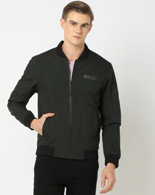 Buy Logo Print Regular Fit Bomber Jacket Online at Best Prices in India ...