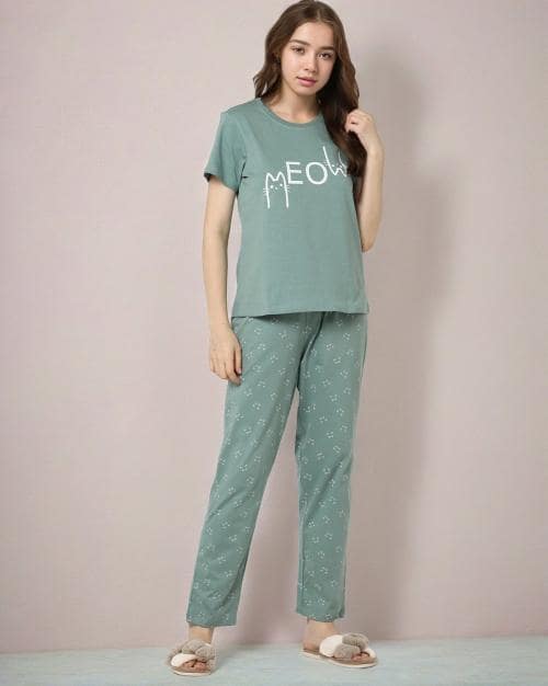 Buy Typographic Print T-Shirt with Pyjamas Online at Best Prices in ...