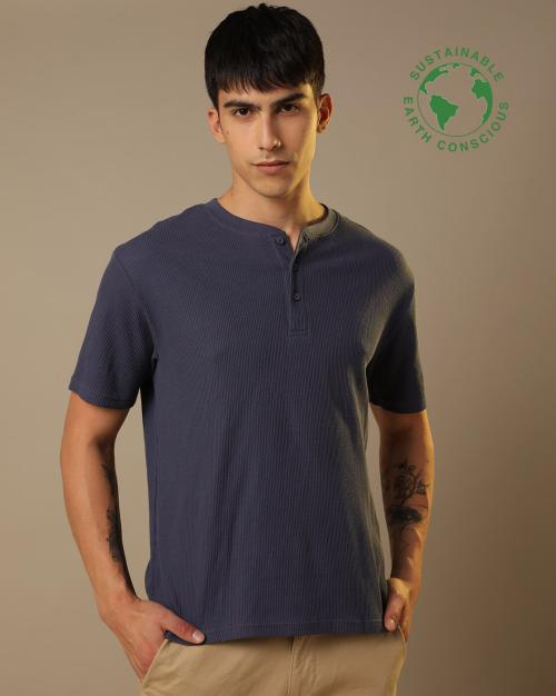 Buy Regular Fit Waffle Henley-Neck T-Shirt Online at Best Prices in ...
