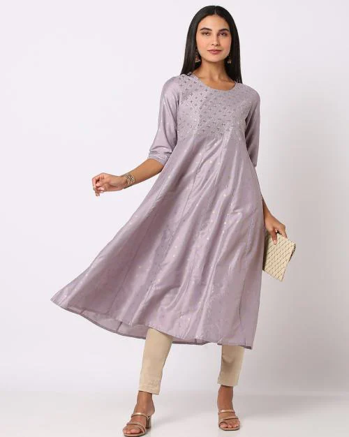 Buy Embroidered Yoke Round-Neck Flared Kurta Online at Best Prices in ...