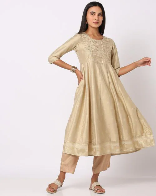 Buy Embroidered Panel-Cut Flared Kurta Online at Best Prices in India ...