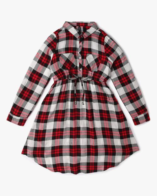 Buy Girls Checked Shirt Dress with Patch Pocket Online at Best Prices ...