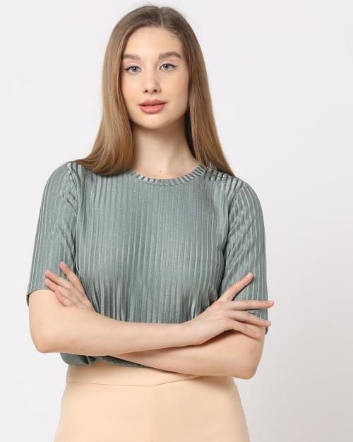 Buy Women Self-Stripe Relaxed Fit Round-Neck T-Shirt Online at Best ...