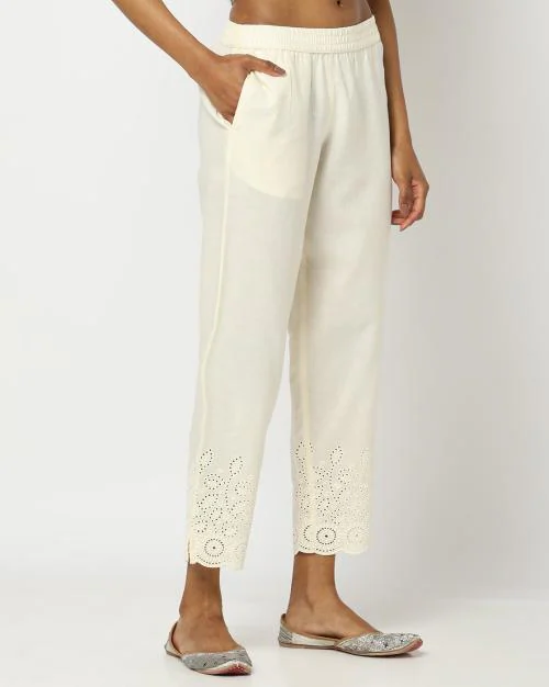 Buy Women Pants with Schiffli Embroidered Hemline Online at Best Prices ...