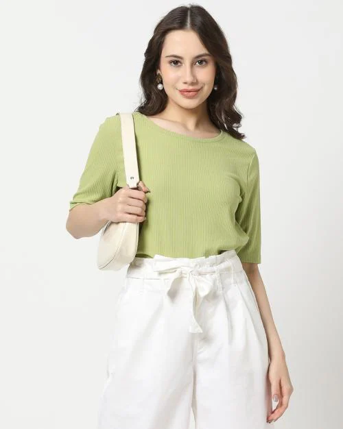Buy Women Ribbed Relaxed Fit Round-Neck T-Shirt Online at Best Prices ...
