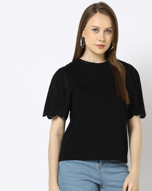 Buy Women Regular Fit Top with Schiffli Embroidered Sleeves Online at ...