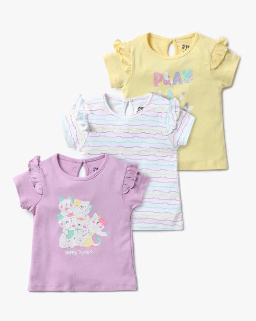 Buy Girls Pack of 3 Assorted Printed Round-Neck T-Shirts Online at Best ...