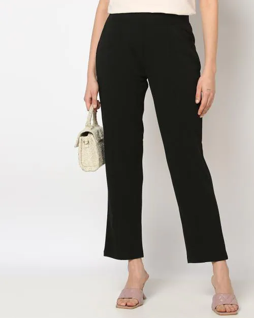 Buy Women Straight Fit Flat-Front Trousers Online at Best Prices in ...