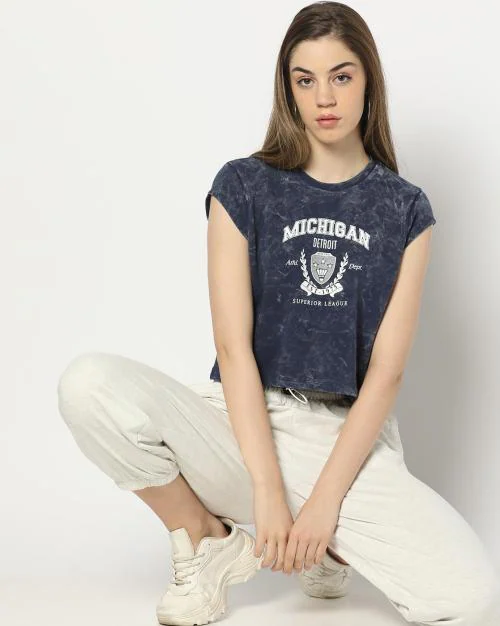 Buy Women Typographic Print Relaxed Fit Round-Neck T-Shirt Online at ...