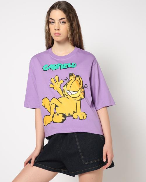 Buy Women Garfield Print Boxy Fit Crew-Neck T-Shirt Online at Best ...