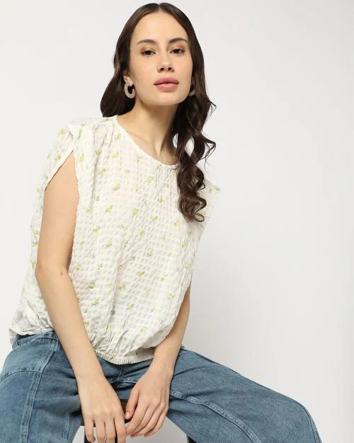 Buy Women Checked Regular Fit Top with Extended Sleeves Online at Best ...