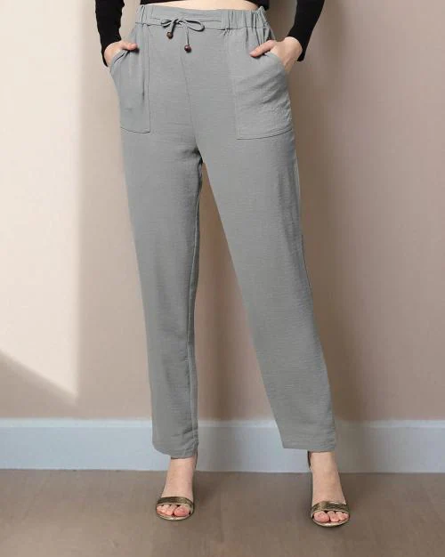 Buy Women Relaxed Fit Flat-Front Trousers Online at Best Prices in ...