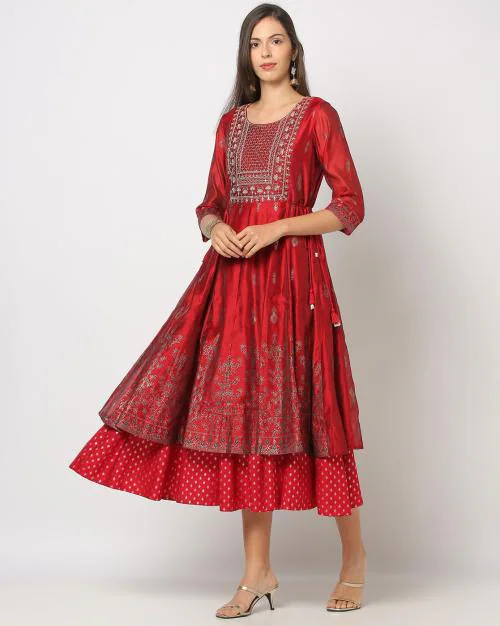 Buy Women Embroidered Layered Fit & Flare Dress Online at Best Prices ...
