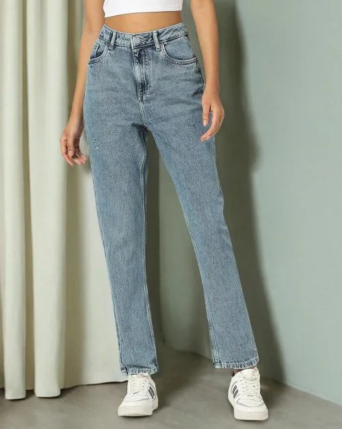 Buy Women Heavily Washed Distressed Relaxed Fit High-Rise Jeans Online ...