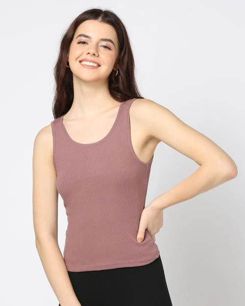 Buy Women Ribbed Gerbera Slim Fit Scoop-Neck Tank Top Online at Best ...