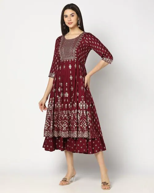 Buy Women Foil Print Layered Fit & Flare Dress Online at Best Prices in ...