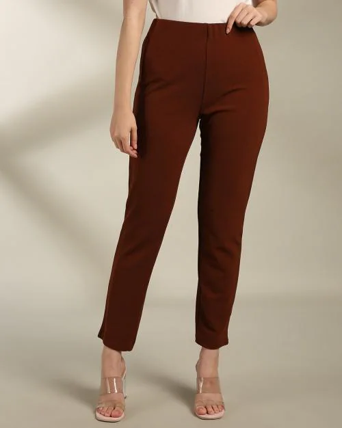 Buy Women Tapered Fit Flat-Front Trousers Online at Best Prices in ...