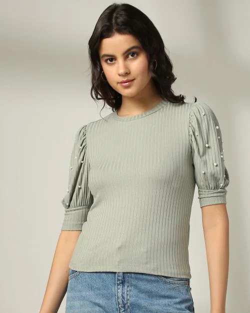 Buy Women Ribbed Regular Fit Round-Neck Top Online at Best Prices in ...