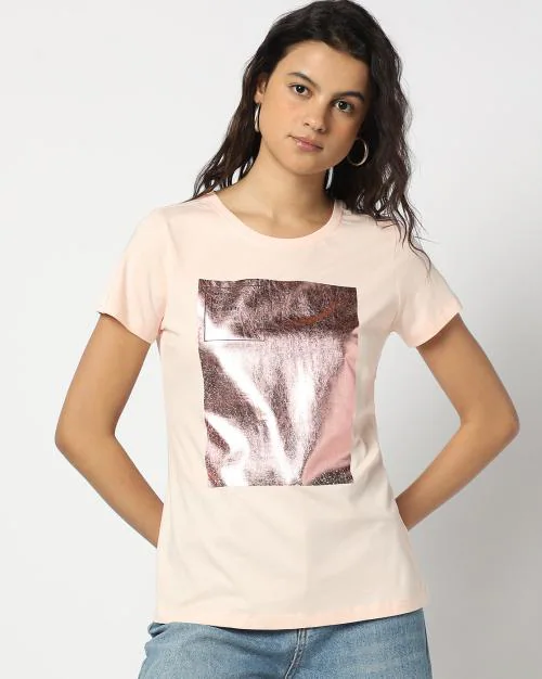 Buy Women Foil Print Regular Fit Round-Neck T-Shirt Online at Best ...