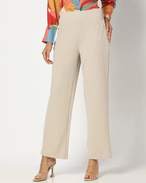 Buy Women Regular Fit Flat-Front Trousers Online at Best Prices in ...
