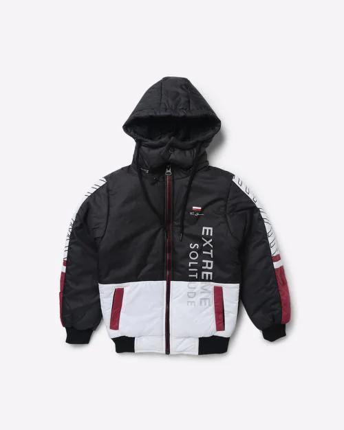 Buy Zip-Front Quilted Hooded Jacket with Contrast Panels Online at Best ...