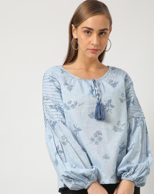 Buy Women Floral Print Bishop Sleeve Tie-Up Blue Top Online at Best ...
