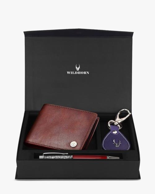 Buy Genuine Leather Bi-Fold Wallet with Pen & Keychain Online at Best ...