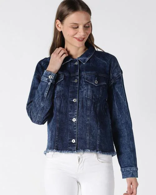 Buy Washed Button-Front Denim Jacket with Patch Pockets Online at Best ...