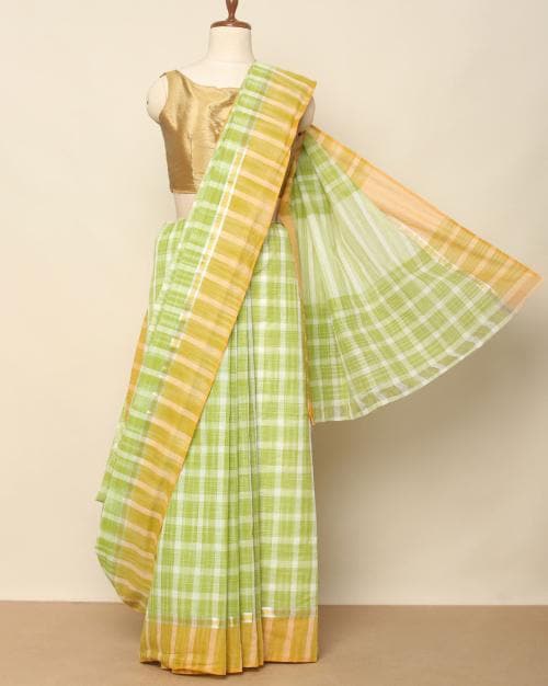 Buy South Cotton Checked Saree with Zari Line Border Online at Best ...
