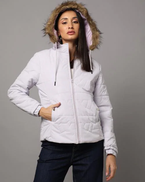 Buy Women Relaxed Fit Puffer Jacket with Fur-Lined Hood Online at Best ...