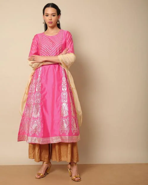 Buy Foil Print Chanderi Kalidar Flared Kurta with Embroidery Online at ...