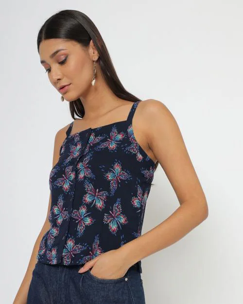 Buy Butterfly Print Strappy Button-Down Top Online at Best Prices in ...