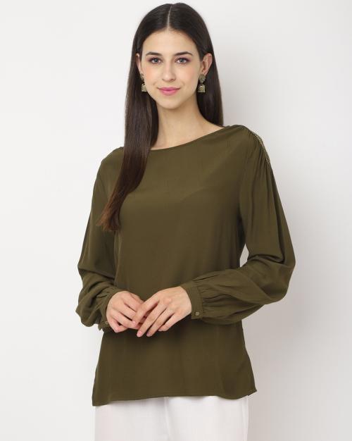 Buy Pure Viscose Thread Work Round-Neck Blouse Top Online at Best ...