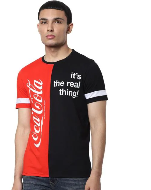 Buy Regular Fit Typographic Print Contrast-Panel Crew-Neck T-Shirt ...