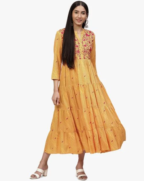 Buy Printed A-line Dress with Embroidered Yoke Online at Best Prices in ...