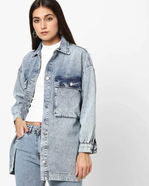 Buy Washed Jacket with Buttoned Flap Pockets Online at Best Prices in ...