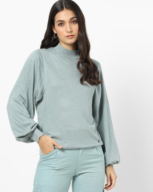 Buy Heathered High-Neck Pullover with Bishop Sleeves Online at Best ...
