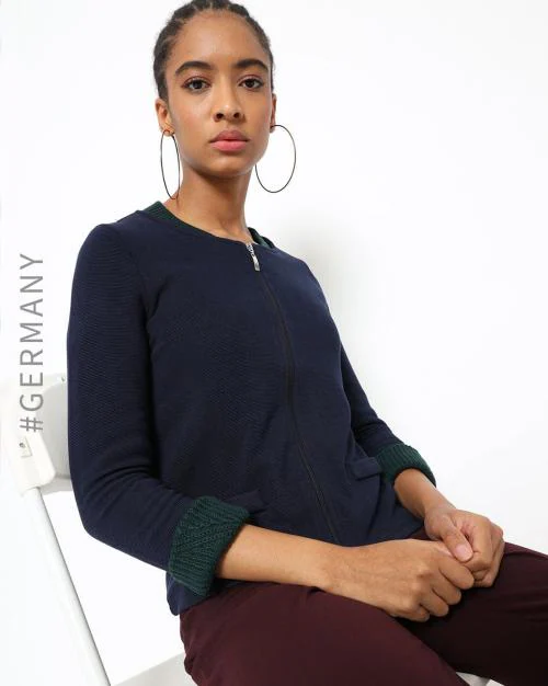 Buy Striped Zip-Front Jacket with Welt Pockets Online at Best Prices in ...