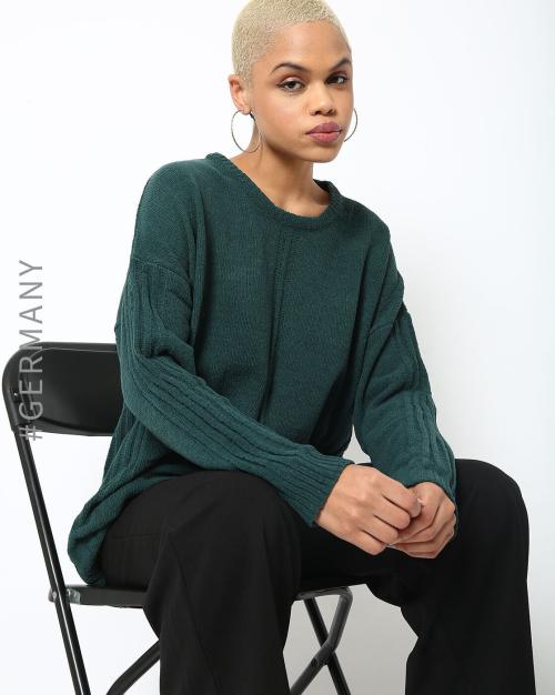 Buy Ribbed Round-Neck High-Low Pullover Online at Best Prices in India ...