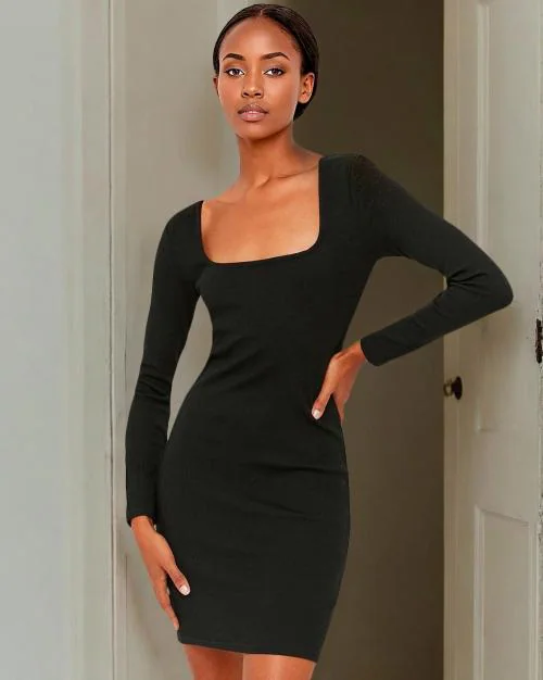 Buy Ribbed Square-Neck Bodycon Dress Online at Best Prices in India ...