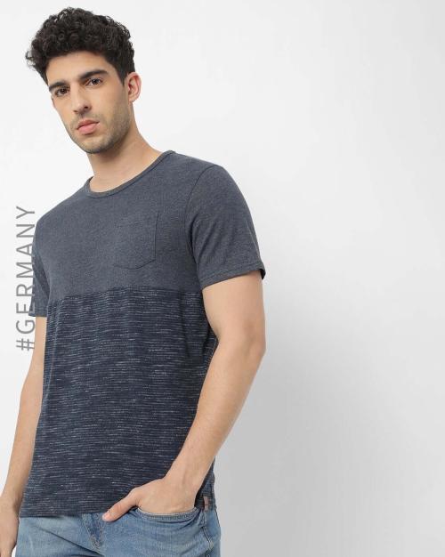 Buy Striped Panel Crew-Neck T-Shirt with Patch Pocket Online at Best ...