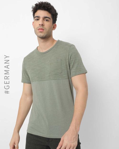 Buy Striped Panel Crew-Neck T-Shirt with Patch Pocket Online at Best ...