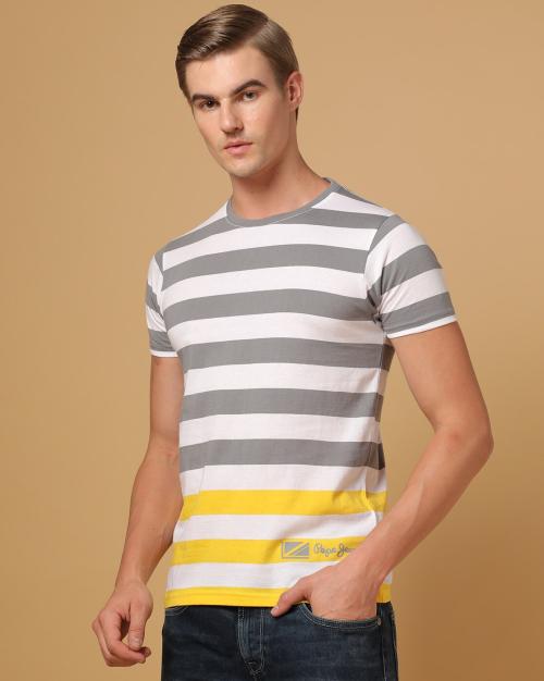 Buy Aadrian Striped Slim Fit Crew-Neck T-Shirt Online at Best Prices in ...