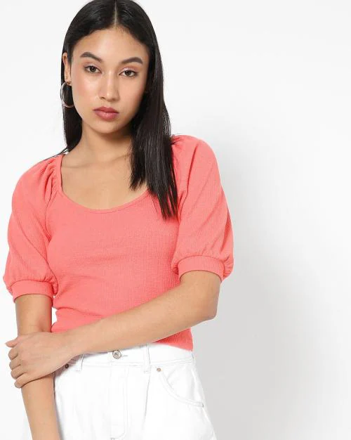 Ribbed Scoop-Neck Top with Puff Sleeves - JioMart