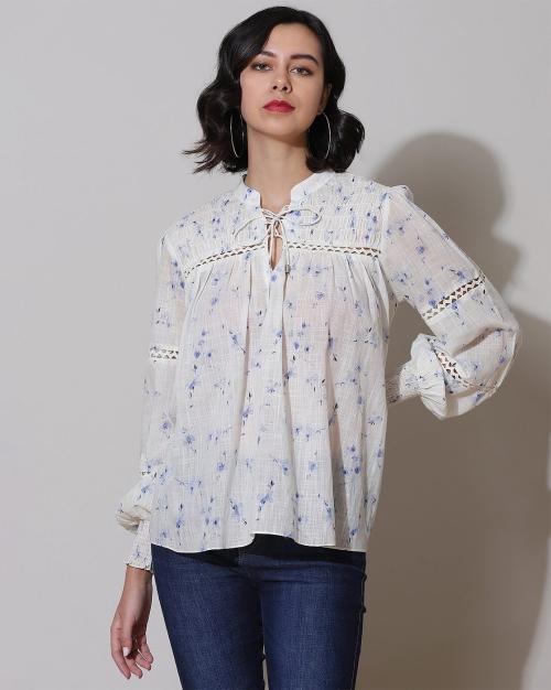 Buy Loose Fit Floral Print Top with Tie-Up Neckline Online at Best ...