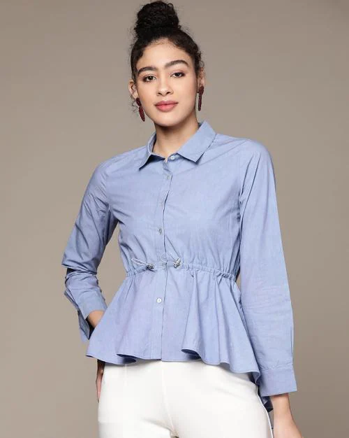 Buy Relaxed Fit Button-Down Shirt with Drawstring Waist Online at Best ...
