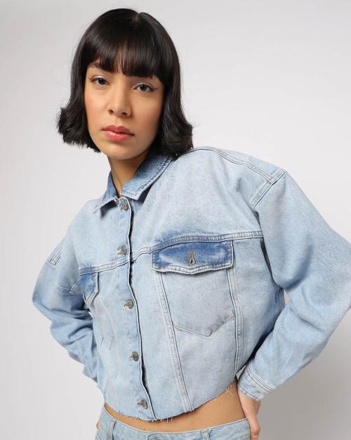 Cropped Oversized Denim Jacket with Button Closure - JioMart