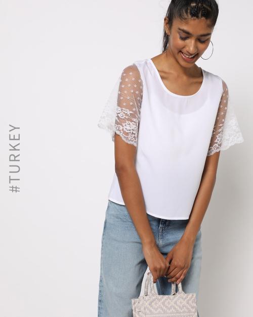 Buy Round-Neck Top with Net Sleeves Online at Best Prices in India ...